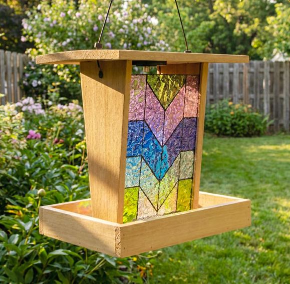 Stained Glass Cedar Feeder with Solar Light - Birding Wire | Birding Wire